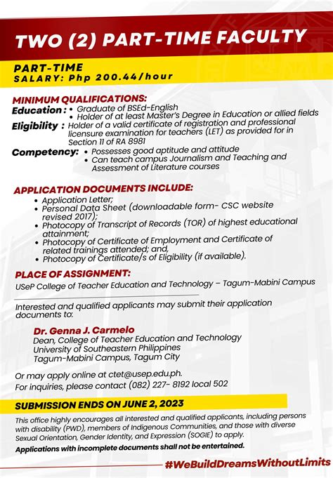 Usep Job Hiring Usep Is In Need Of Two 2 Teaching Personnel For Tagum Mabini Campus