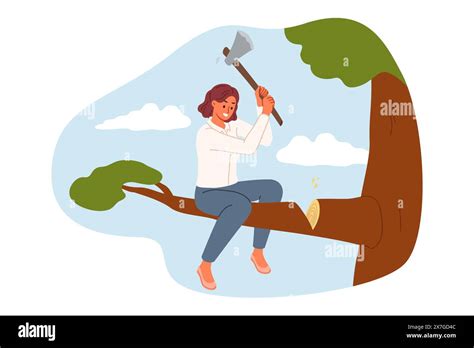 Foolish Business Woman Cuts Branch She Is Sitting Risks Falling And Failing Due To Mistake