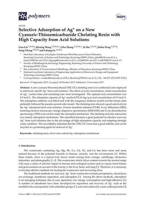 Pdf Selective Adsorption Of Ag On A New Cyanuric Thiosemicarbazide Chelating Resin With High
