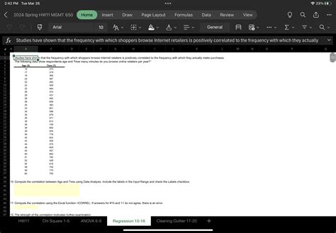Solved 11 Compute The Correlation Using The Excel Function Correl If 1 Answer