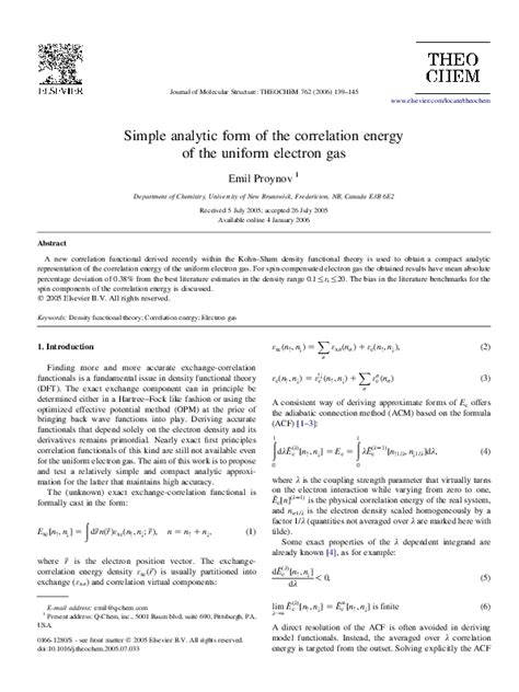Pdf Simple Analytic Form Of The Correlation Energy Of The Uniform Electron Gas