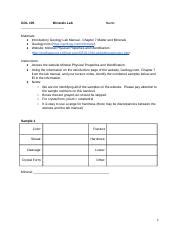 Lab 7 Matter Minerals GOL 105 Minerals Lab Name Materials Introductory Geology Lab Manual