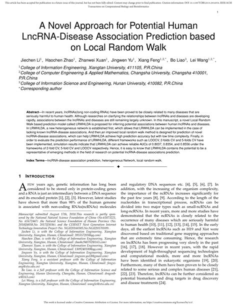 Pdf A Novel Approach For Potential Human Lncrna Disease Association Prediction Based On Local