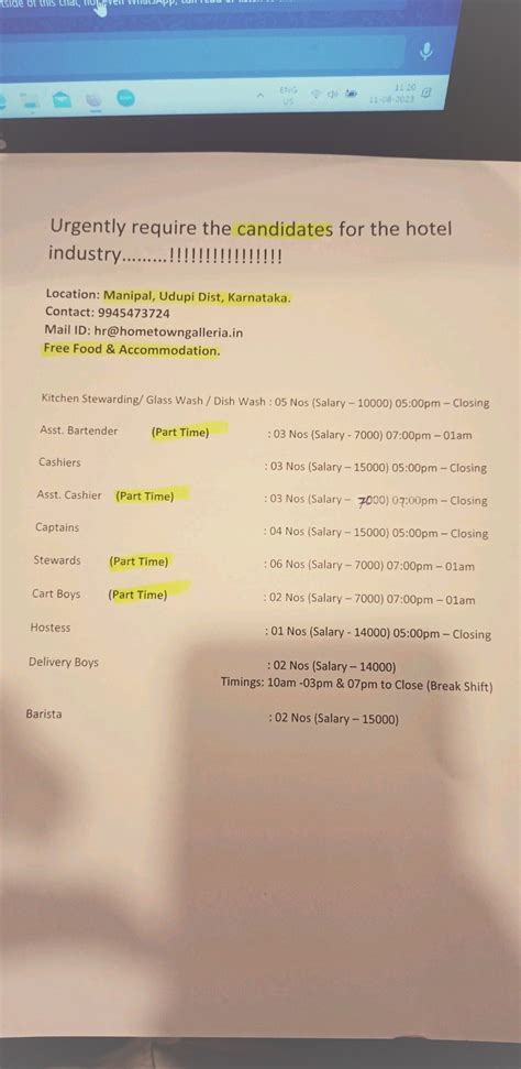 Job Opportunities For The Hoteliers Place Manipal Udupi Dist Karnataka Contact 9945473724