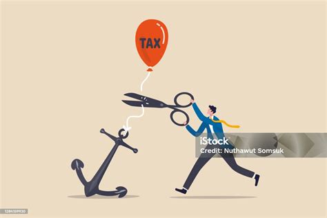 정부 인상 세제 정책 경제 위기 개념에서 소득세 납부 증가 가위를 사용하여 세금이라는 단어풍선에 로프를 잘라 사업가 정부 지도자 가위에 대한 스톡 벡터 아트 및 기타 이미지
