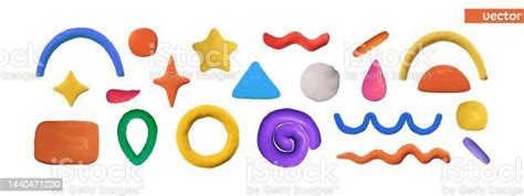 템플릿 디자인을 위한 질감 있는 플라스틱 모양의 벡터 세트 3d 스타일의 다채로운 점토 개체 어린이 놀이용 점토에 대한 스톡 벡터 아트 및 기타 이미지 Istock