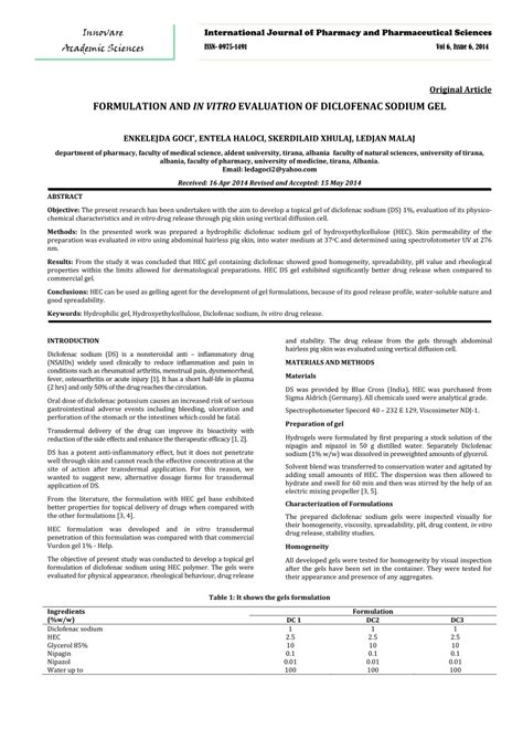 PDF Formulation And In Vitro Evaluation Of Diclofenac Sodium Gel