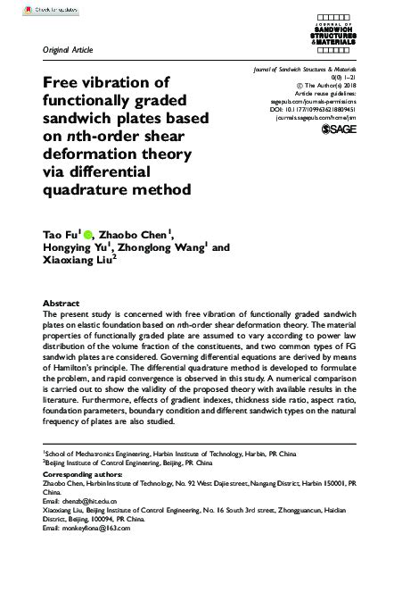 Pdf Free Vibration Of Functionally Graded Sandwich Plates Using Four Variable Refined Plate Theory