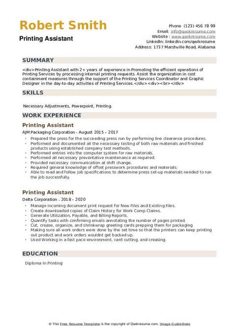 10 Printing Assistant Resume Samples And Templates For 2025