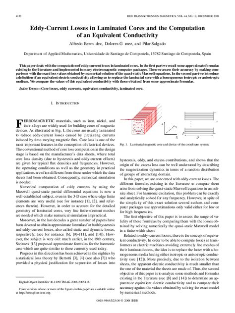 Pdf Eddy Current Losses In Laminated Cores And The Computation Of An