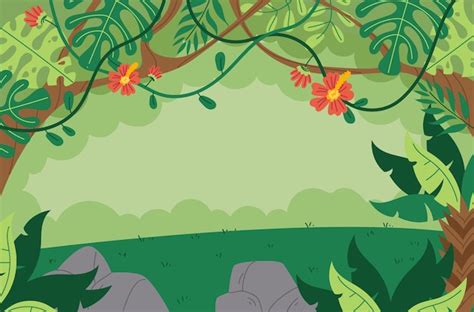 정글 숲 배경 열대 나무 사파리 개념 평면 그래픽 디자인 일러스트 프리미엄 벡터