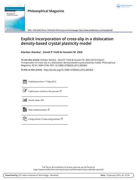 Pdf Explicit Incorporation Of Cross Slip In A Dislocation Density