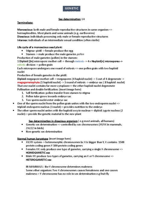 Genetics Notes Sex Determination L Terminology Monoecious Both