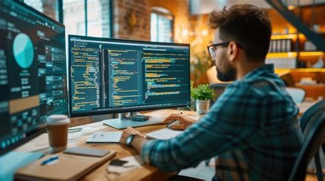 premium photo software developer working on code in dual monitor setup aig41