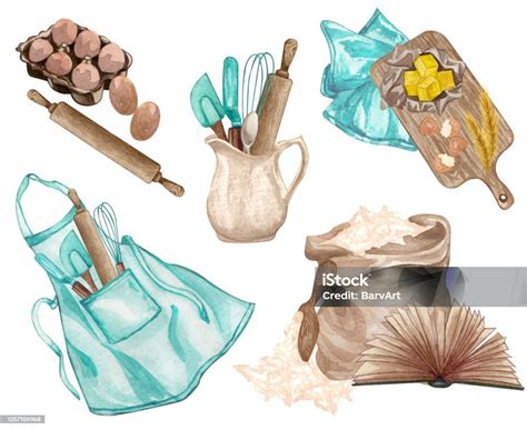 주방 용품 쇼핑 보드 버터 롤링 핀 밀가루 계란 파란색 앞치마 레셉시 북 흰색 배경에 휘저어 주면서 수채화를 굽습니다 요리 클립