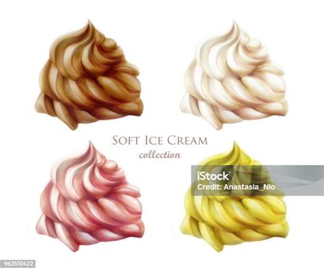 딸기 바닐라 초콜릿 맛입니다 블루 핑크 브라운 화이트다른 맛과 색 아이스크림 숟가락 디지털 손 그려진된 흰색 배경에 고립 된