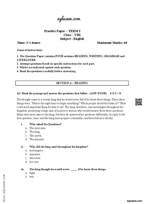 Class 8 English Mid Term Sample Paper 2024 Download Pt1 Term 1