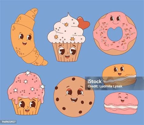 귀여운 만화 캐릭터 과자를 수집합니다 그루비 레트로 과자 크루아상 컵케익 도넛 초콜릿 칩 쿠키 및 마카롱 벡터 그림입니다 격리 된 음식 디저트 고풍스런에 대한 스톡 벡터