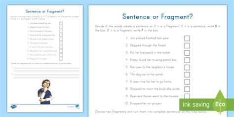 Sentence Fragment Worksheet Activity Ela Teaching Resource