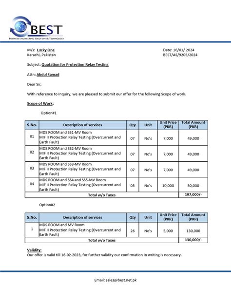 Quotation Protection Relay Testing Services Pdf Business Law Government Finances