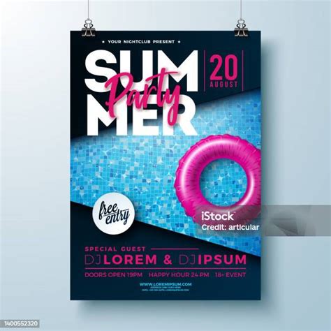 여름 수영장 파티 포스터 디자인 템플릿은 타일 수영장 배경에 물 위에 떠 있습니다 벡터 여름 휴가 일러스트 레이 션 배너 전단지 초대장 또는 축하 포스터에 대한 수영 벨트