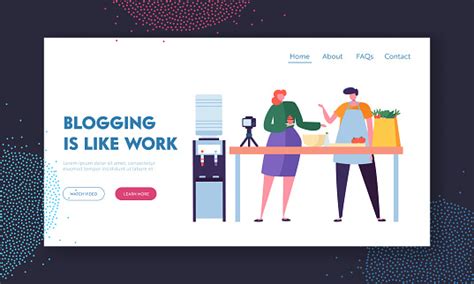 남자와 여자 음식 비디오 블로거의 부부는 추종자에 대 한 게시물을 기록 직업 개념으로 블로깅 남성과 여성의 문자는 새로운 요리 조리법 방문 페이지를 준비 합니다 평면 벡터