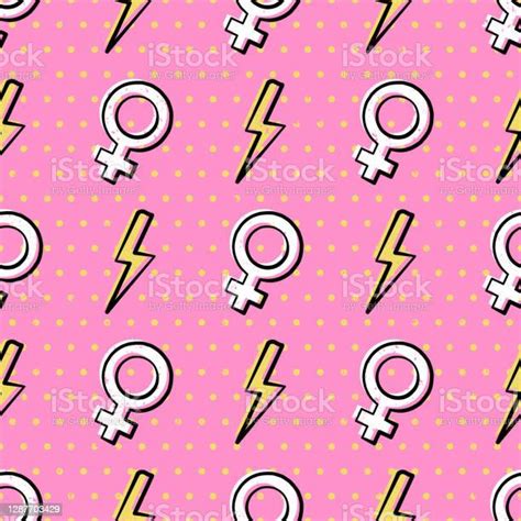 물방울 무늬 배경에 플래시 번개와 여성 기호와 소녀 전원 원활한 패턴 노란색 볼트 에 핑크 0명에 대한 스톡 벡터 아트 및 기타 이미지 Istock