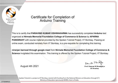 Certificate For Completion Of Arduino Training Organized At Nirmala