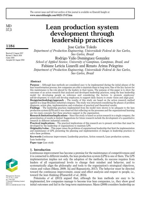Pdf Lean Production System Development Through Leadership Practices