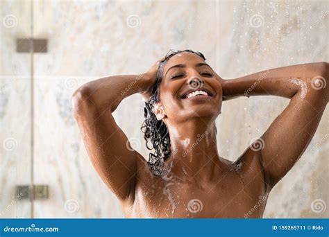 African Woman Washing Hair Under Shower Stock Image Image Of Hair