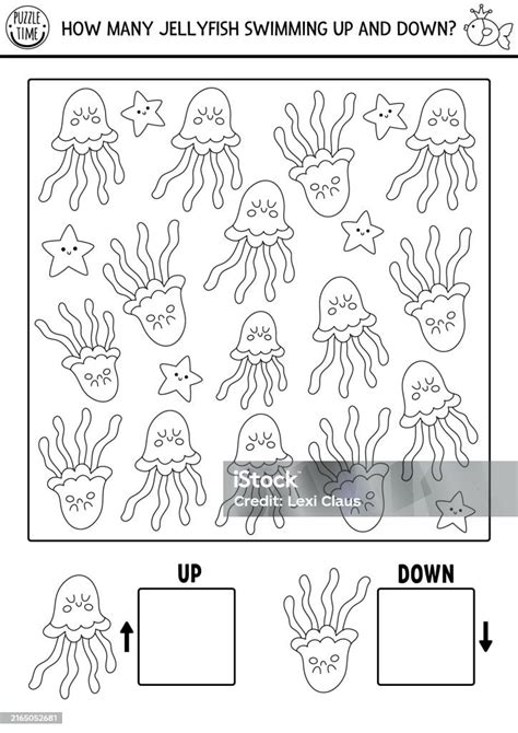 해파리를 가진 아이들을 위한 위아래 개념의 머메이드 로직 흑백 게임 나는 검색을 감시하고 활동을 세고 있습니다 미취학 아동을 위한 동화 바다 왕국 인쇄 가능한 공간