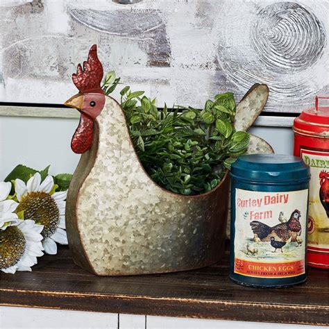 Litton Lane 12 In Medium Gray Metal Rooster Indoor Outdoor Planter