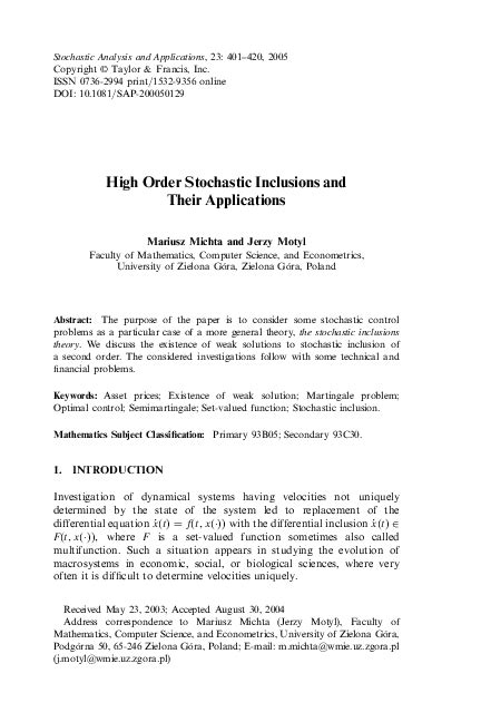 Pdf High Order Stochastic Inclusions And Their Applications