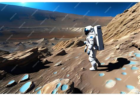 Astronaut Exploration Of Lunar Crater With Geological Deposits Inside Premium Ai Generated Image