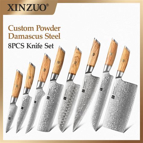 Xinzuo 다마스커스 스틸 빵 보닝 산토쿠 셰프 스테이크 나이프 도구 올리브 나무 손잡이가 있는 전문 장치 세트 8 개 세트 Aliexpress