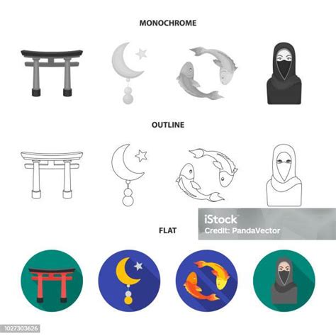 도리 잉어 잉어 여자 Hijab 별과 초승달에 종교는 평면 개요 흑백 스타일 벡터 기호 재고 일러스트 웹 컬렉션 아이콘을 설정합니다 로고에 대한 스톡 벡터 아트 및 기타