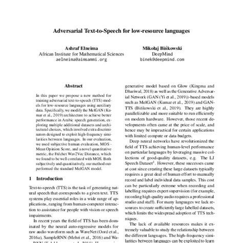 Adversarial Text To Speech For Low Resource Languages Acl Anthology