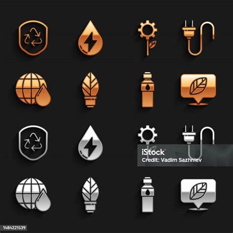잎 전기 플러그 위치 물병 지구 행성 드롭 잎 식물 기어 기계 방패 내부의 재활용 기호 및 물 에너지 아이콘으로 전구를