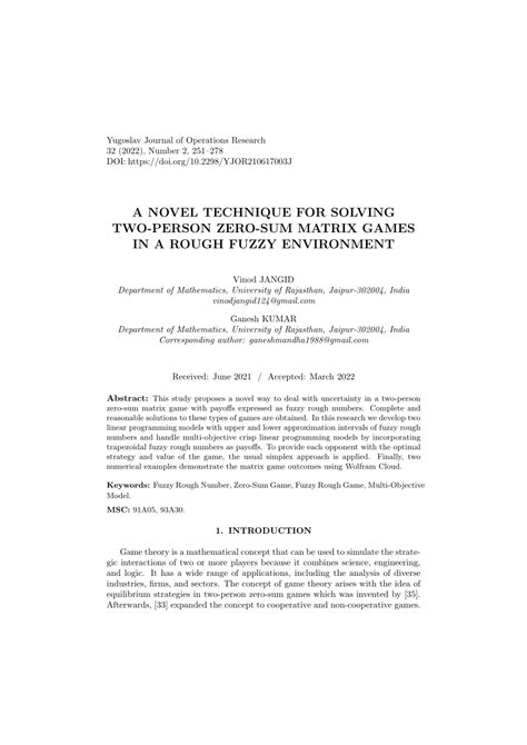 Pdf A Novel Technique For Solving Two Person Zero Sum Matrix Games In A Rough Fuzzy Environment