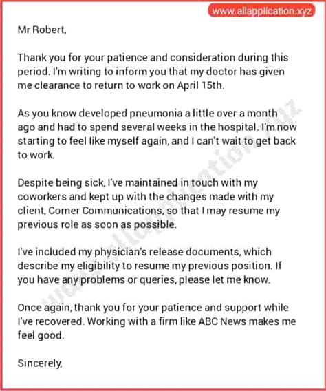 Employee Return To Work Letter 5 Samples