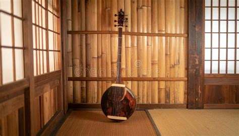 Traditional Japanese Shamisen Instrument In A Bamboo Room Stock