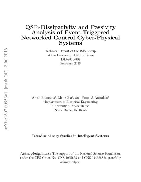 Pdf Qsr Dissipativity And Passivity Analysis Of Event Triggered Networked Control Cyber