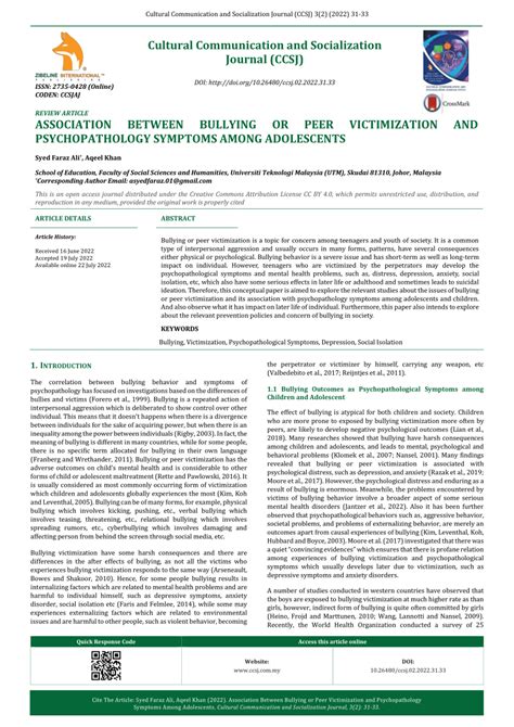Pdf Association Between Bullying Or Peer Victimization And