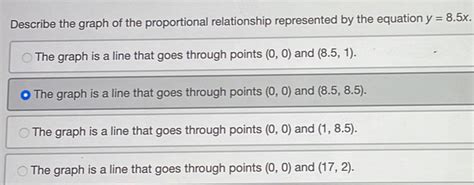 Describe The Graph Of The Proportional Relationship Represented By The Equation Y85x Th Algebra