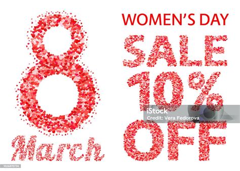 문자와 흩어져 마음 색종이의 숫자와 함께 국제 여성의 날 판매 배너 3 월 8 벡터 그림을 흰색 배경에 고립입니다 디자인 서식 파일을 편집 하 게 쉬운 3월에 대한 스톡