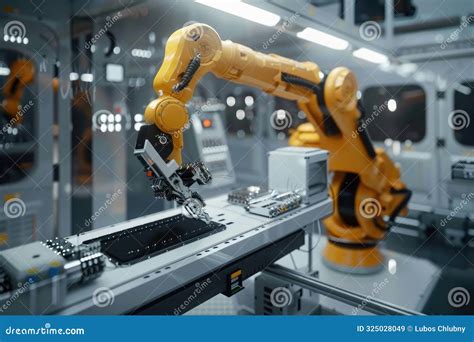 Robotic Arm For Electronic Assembly Line Smart Modern Factory Automation Using Advanced