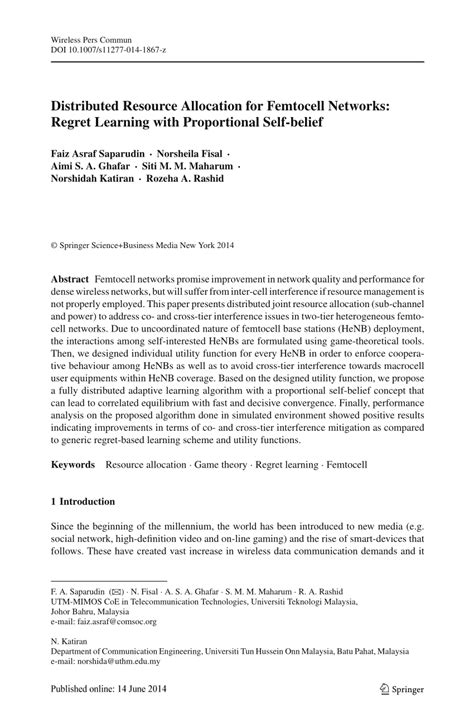 Pdf Distributed Resource Allocation For Femtocell Networks Regret Learning With Proportional