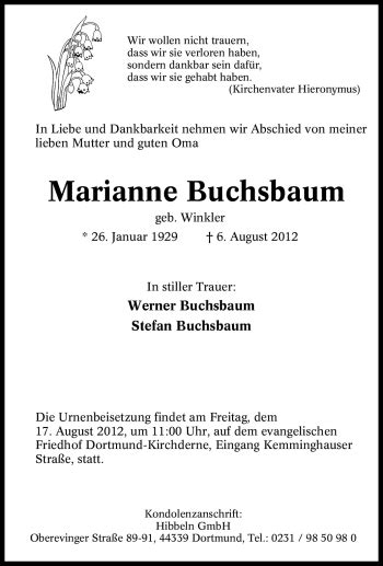 Traueranzeigen Von Marianne Buchsbaum Trauer In Nrwde