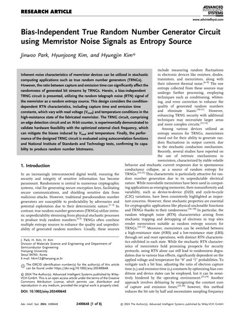 Pdf Bias‐independent True Random Number Generator Circuit Using Memristor Noise Signals As