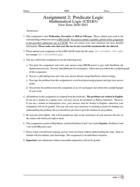 Assignment 2 Predicate Logic Mathematical Logic Cii1b3 Pdf Logic Cognitive Science
